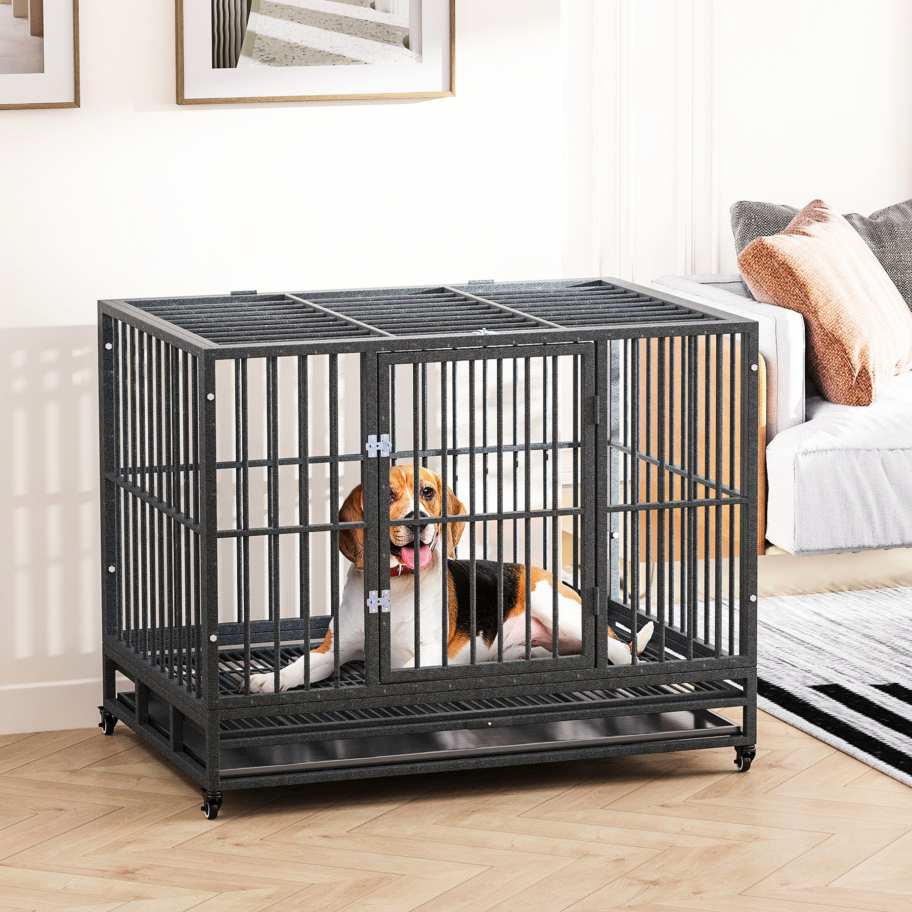 Hokku Designs 43" Metal Dog Crate With Lockable Wheels & Double Door, Removable Tray, Grey ...
